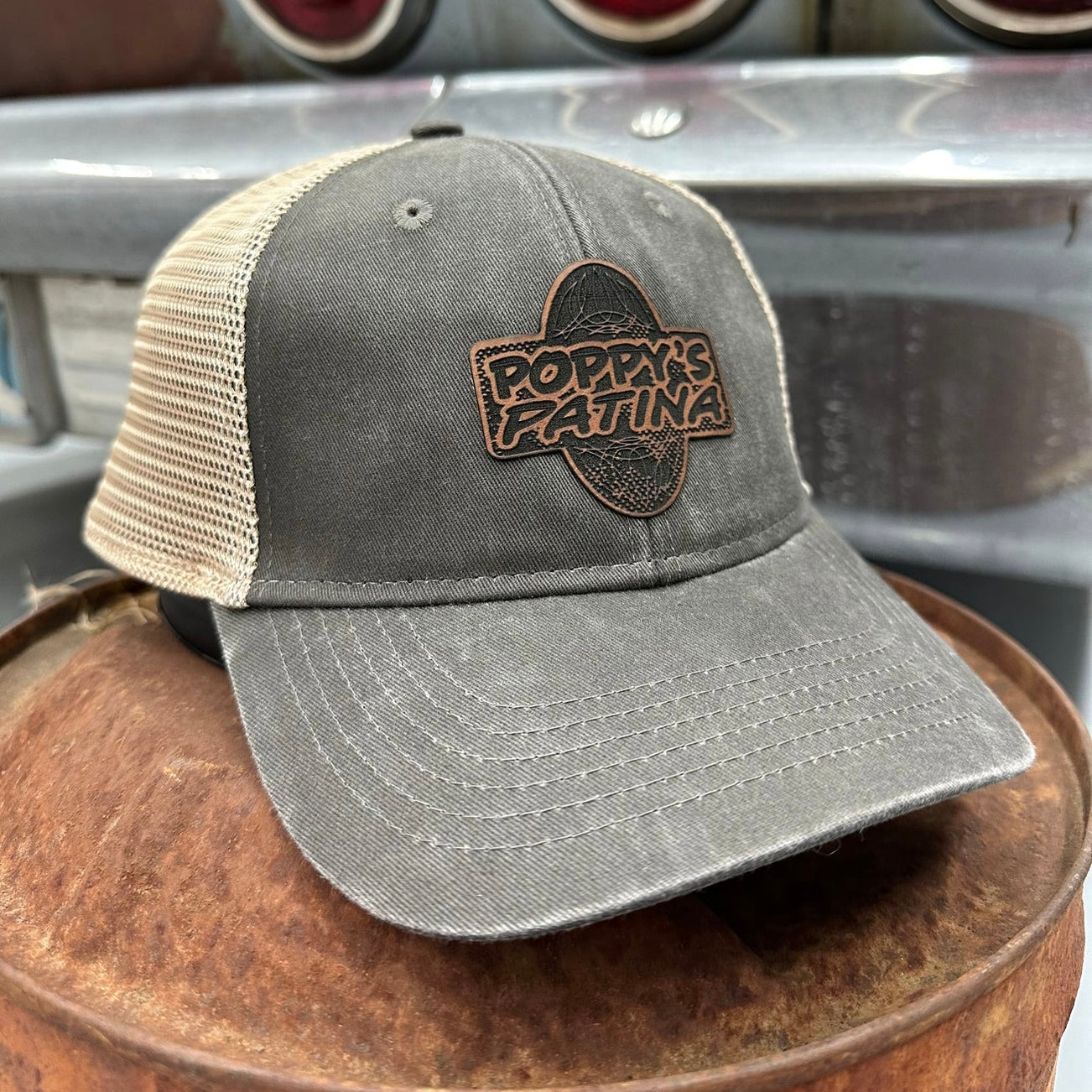 Leather Poppy’s Patina Patch Pony Tail Hat (Women’s Fit) Gray — Poppy's Patina